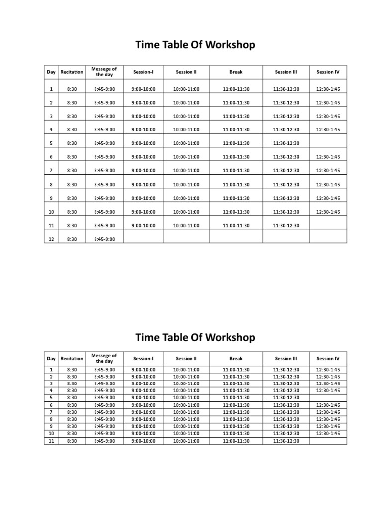 Time Table of Workshop | PDF