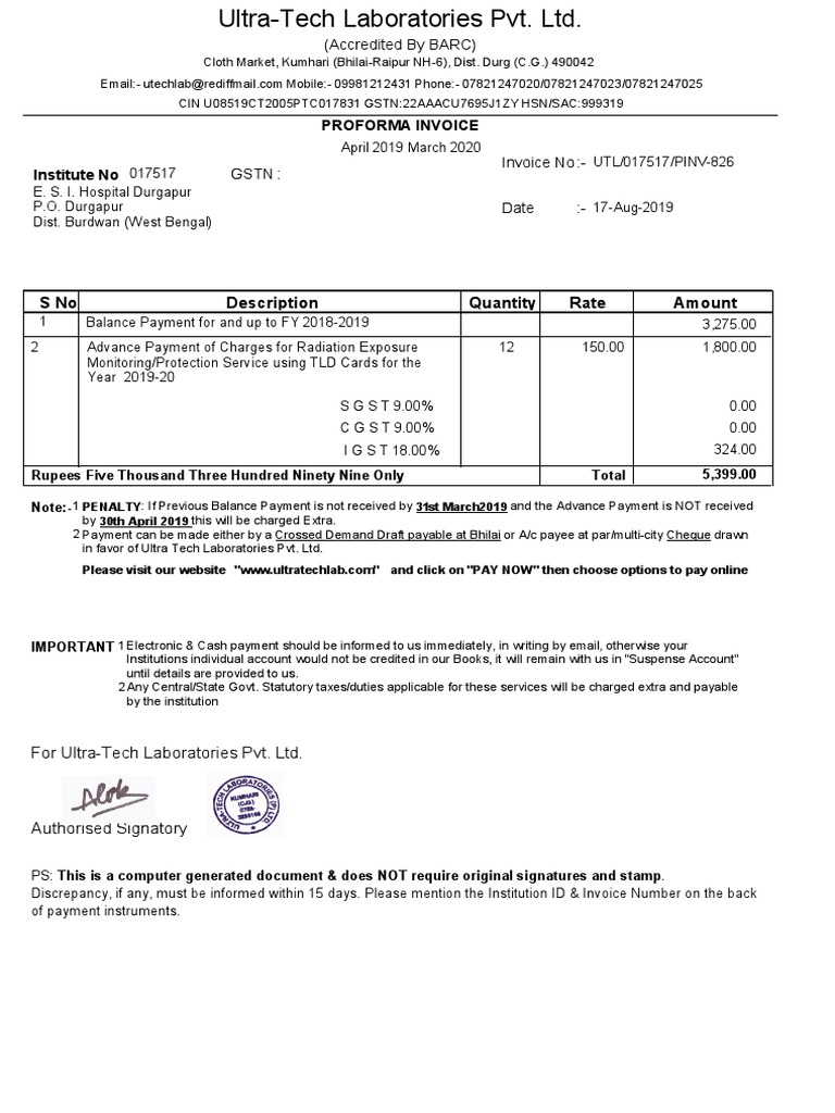 Proforma Invoice for Ultra-Tech Labs | PDF | Payments | Cheque