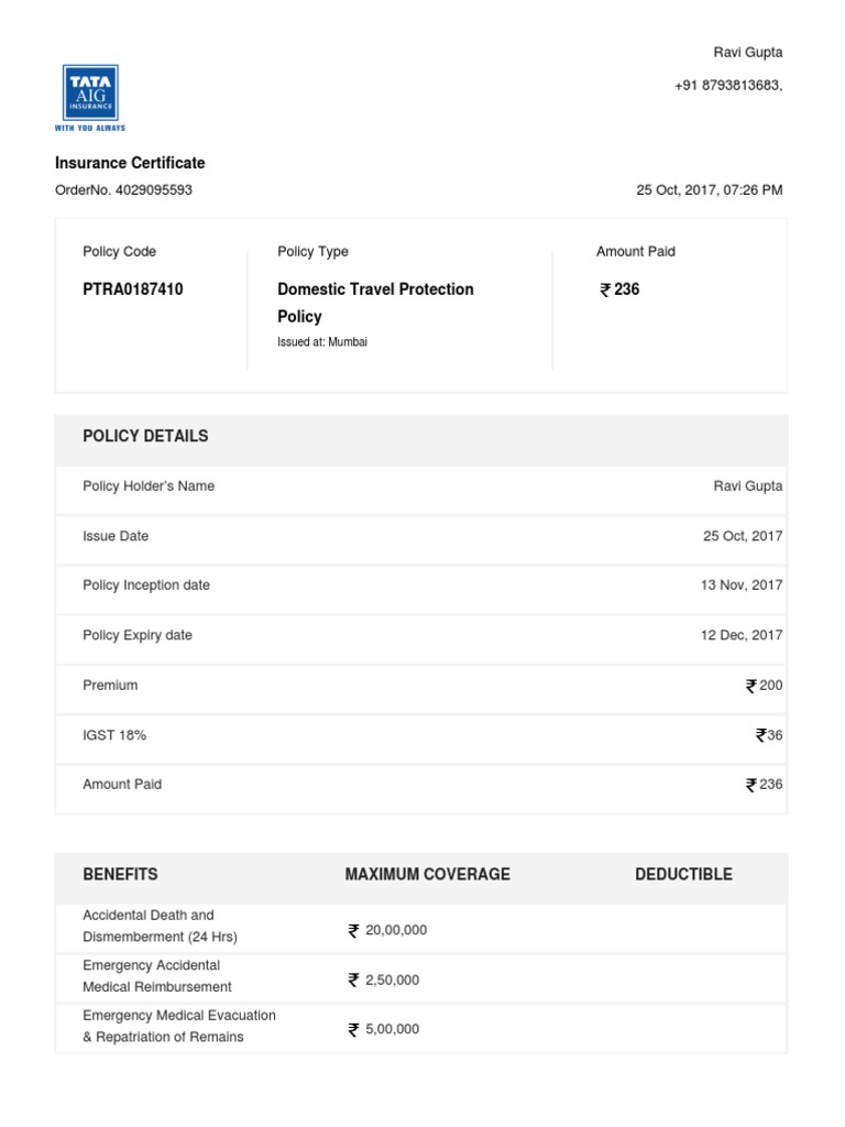 Policy Certificate 2981198476 | PDF | Deductible | Insurance