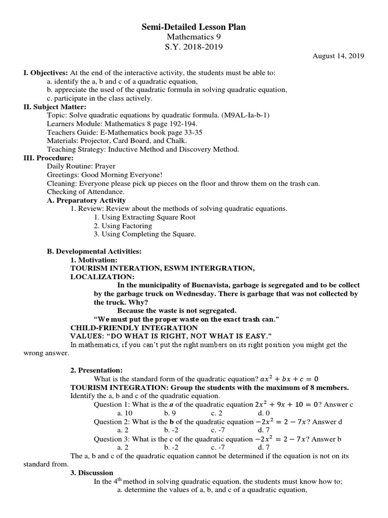 Semi Detailed Lesson Plan Grade 9 | PDF | Quadratic Equation | Algebra