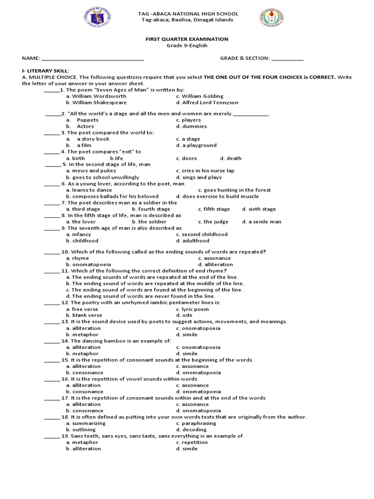 Grade 9 English Exam: Literature & Grammar | PDF | Beowulf | Poetry