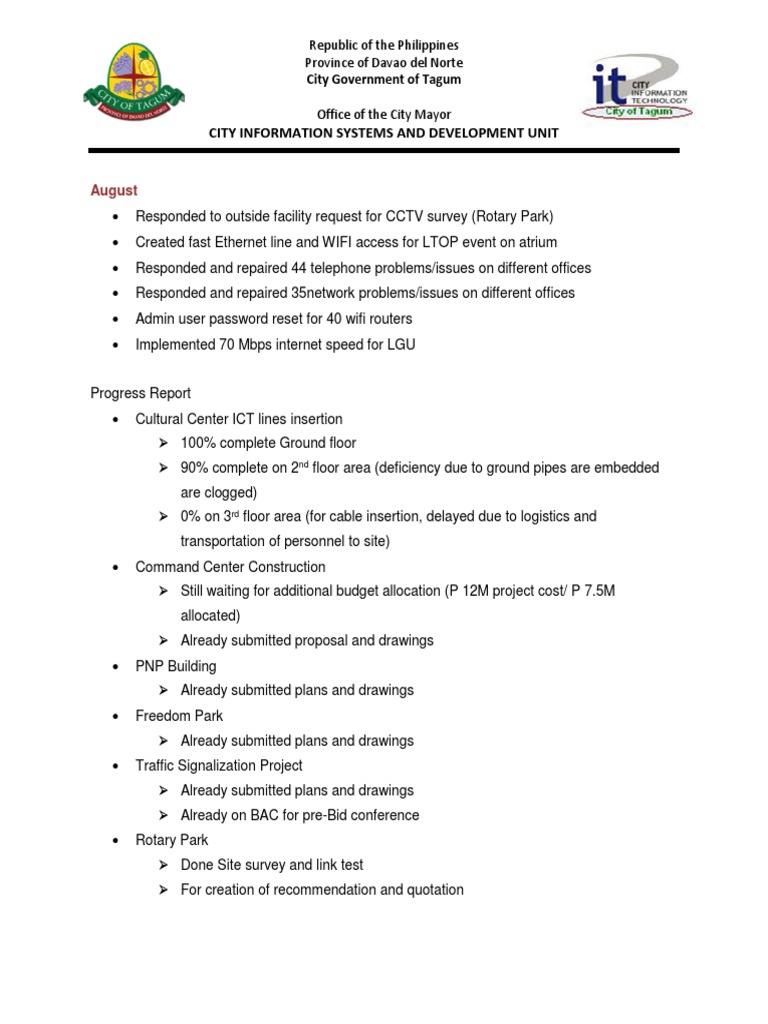 Tagum City ICT Progress Report August | PDF