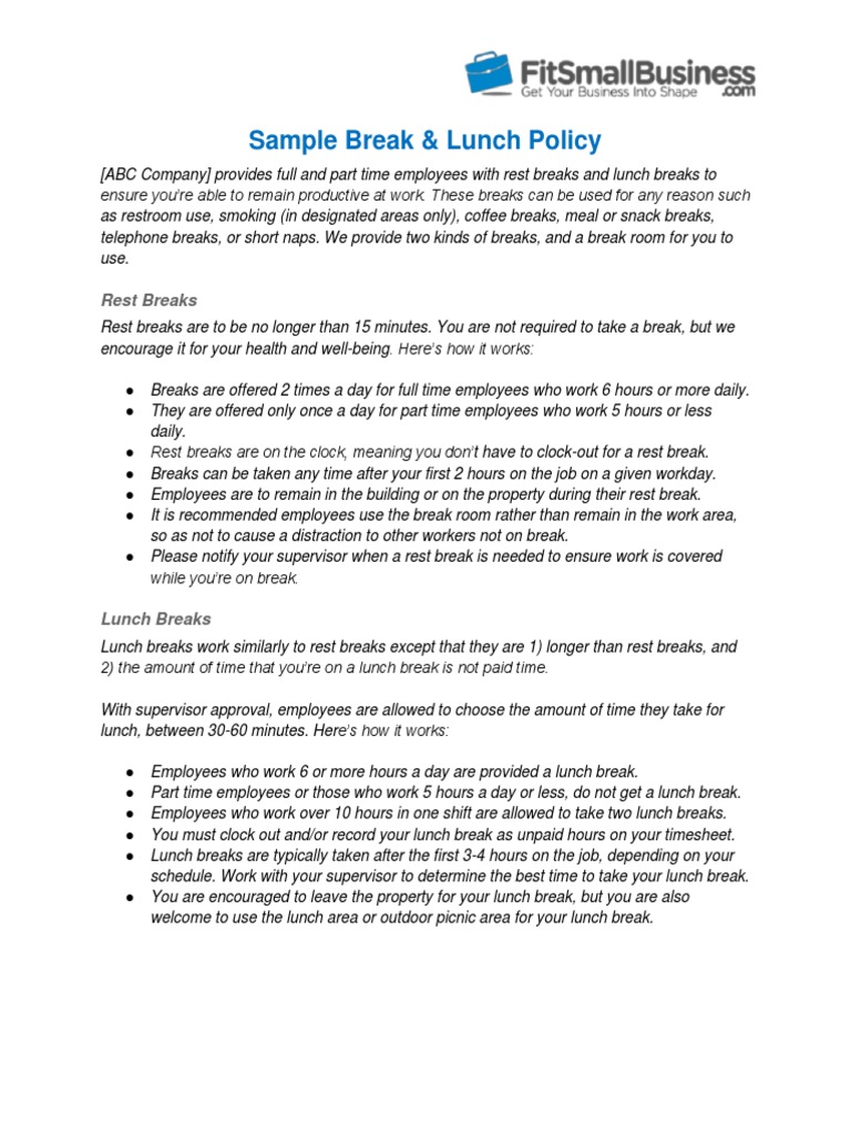 Fit Small Business Sample Break Lunch Policy | PDF | Lunch | Labor