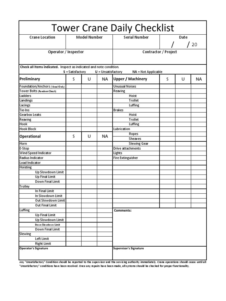 Tower Crane Daily Inspection Form | PDF | Crane (Machine) | Vehicles
