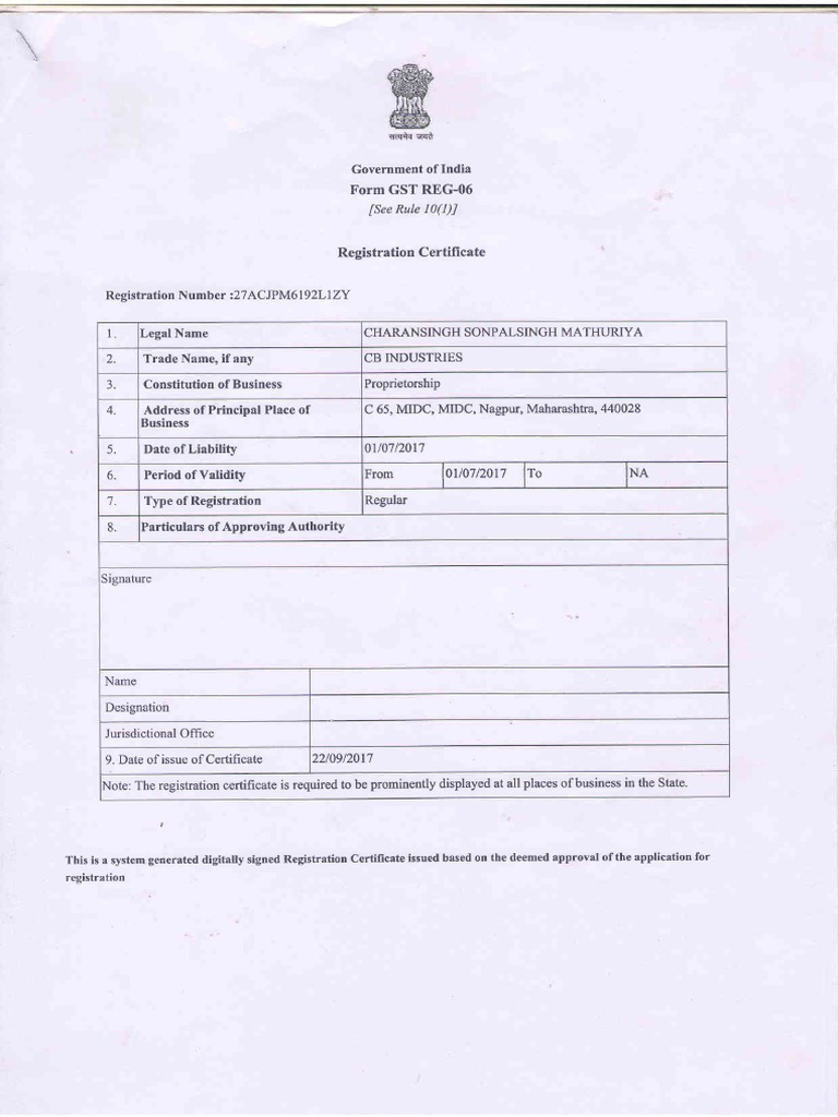 Government of India Form GST REG-06 (See Rule I0 (L) ) | PDF