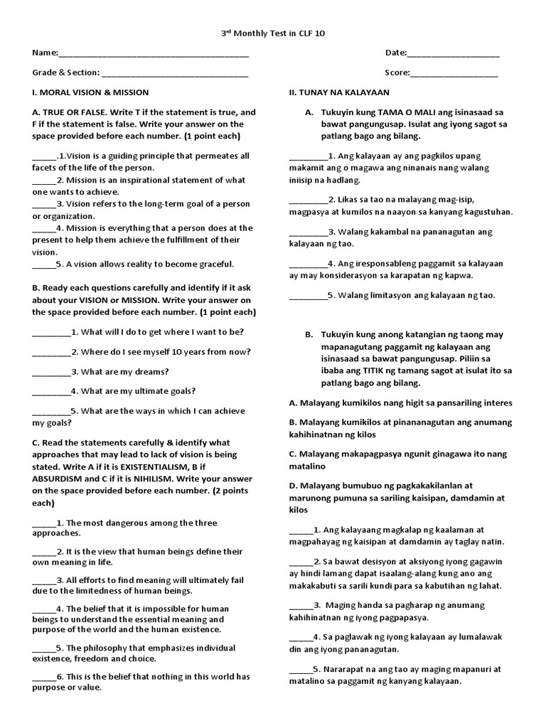 3rd Monthly Test in CLF 10 | PDF | Philosophical Movements | Metaphysics