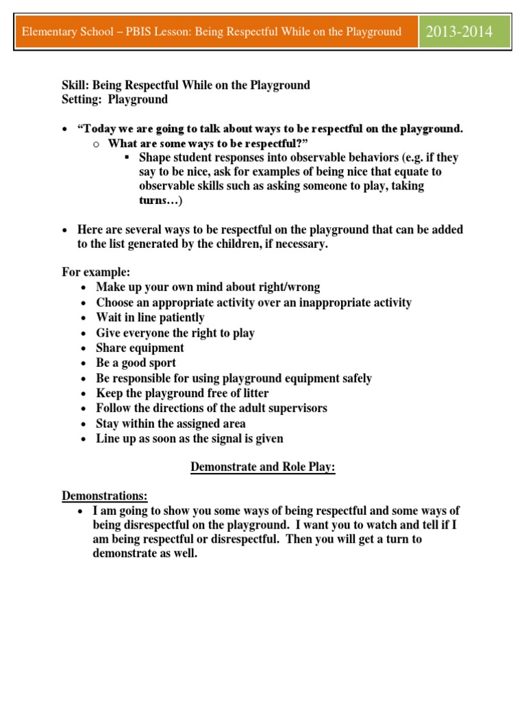 Playground Respect PBIS Lesson Plan | PDF | Playground | Psychology
