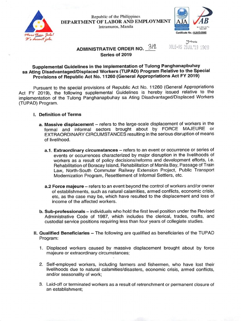 AO 312-19 Supplemental Guidelines in The Implementation of TUPAD ...