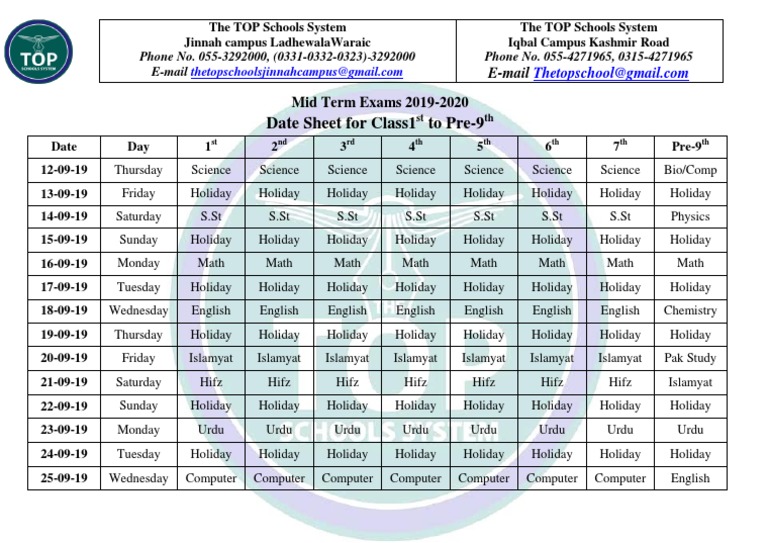 Mid Term Exam Date Sheet 2019-2020 | PDF