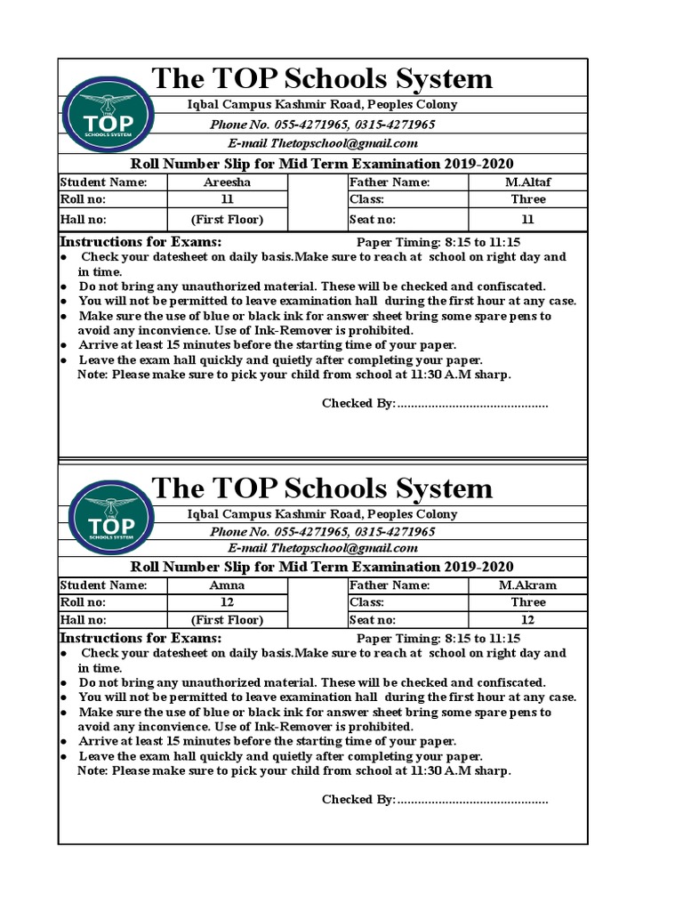 The TOP Schools System: Roll Number Slip For Mid Term Examination 2019 ...