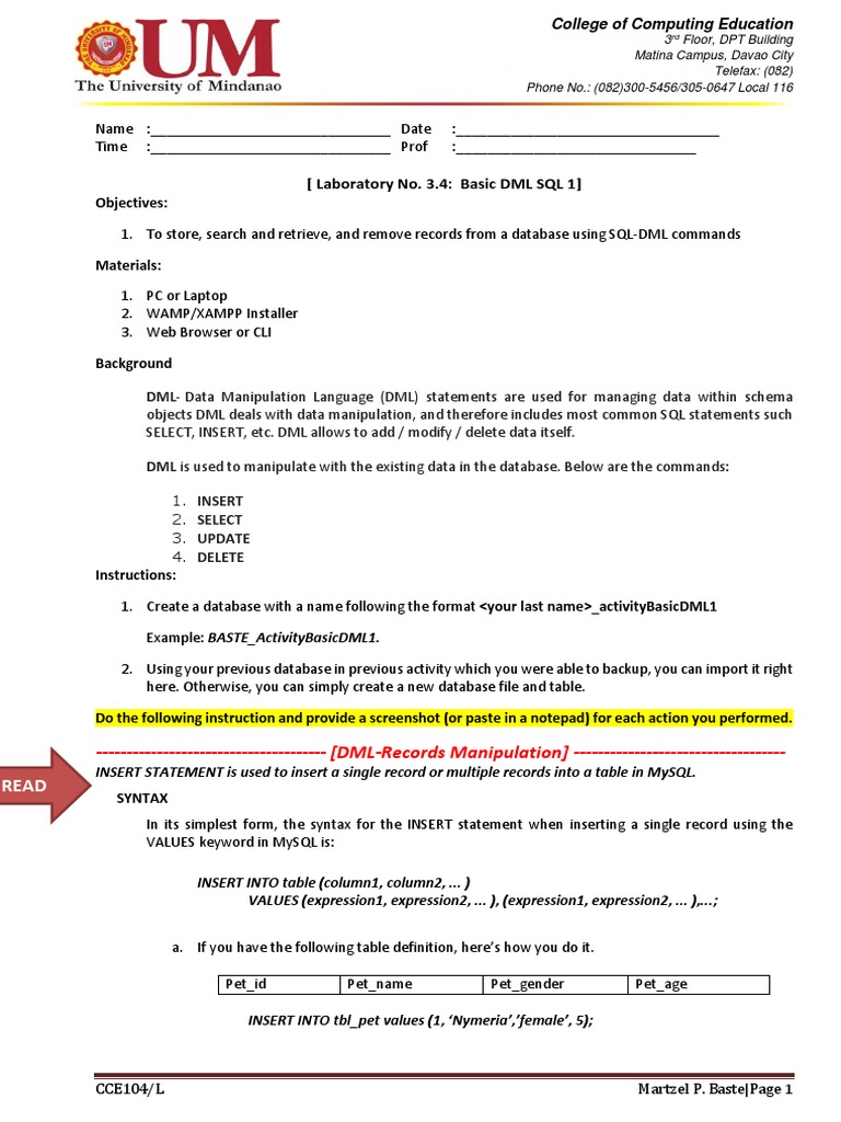 (Laboratory No. 3.4: Basic DML SQL 1) : Objectives | PDF | Information ...