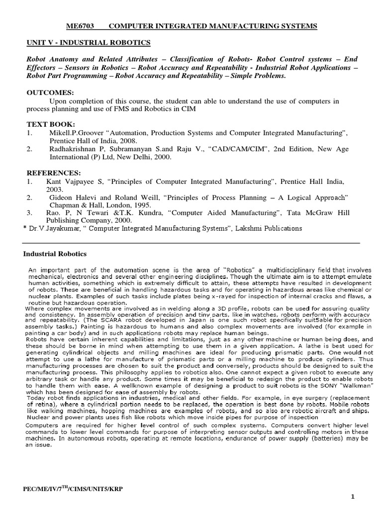 ME6703 Computer Integrated Manufacturing Systems Unit V - Industrial ...