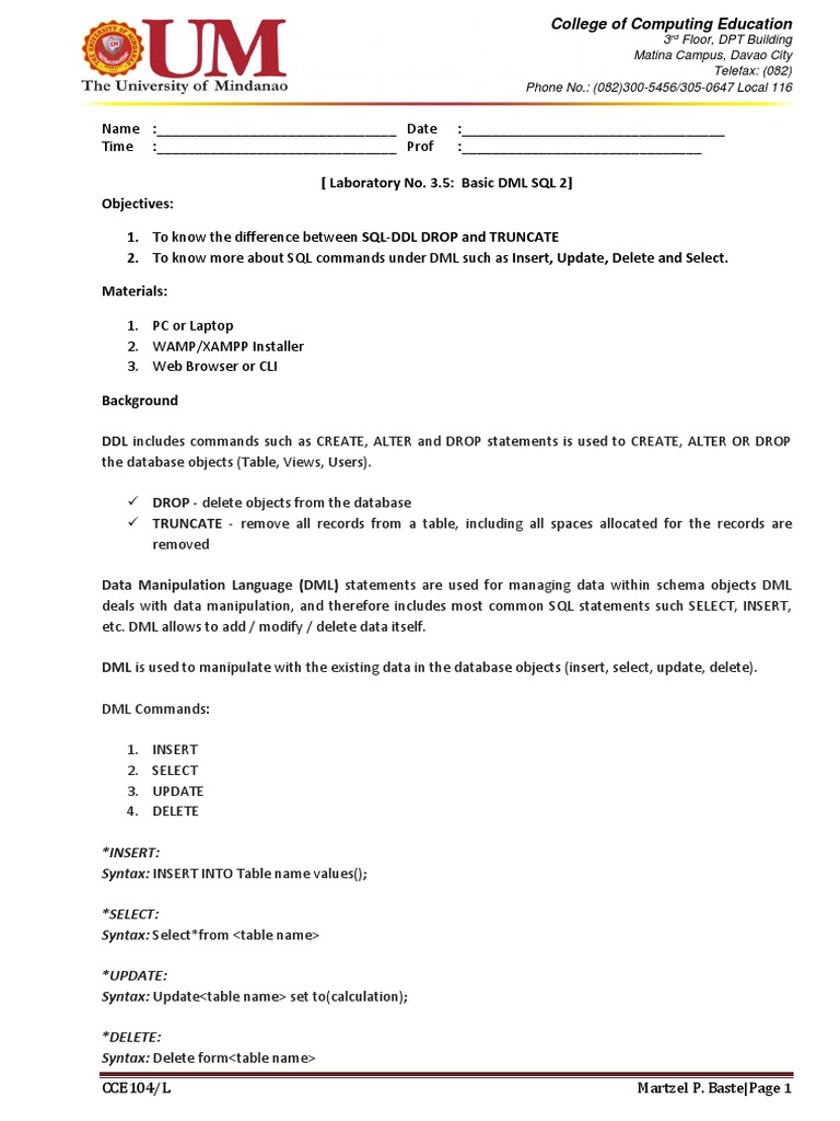 Laboratory Report on Exploring the Differences Between SQL Data Definition and Data Manipulation ...