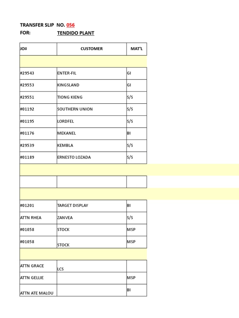 For: Tendido Plant Transfer Slip No.: JO# Customer Mat'L | PDF