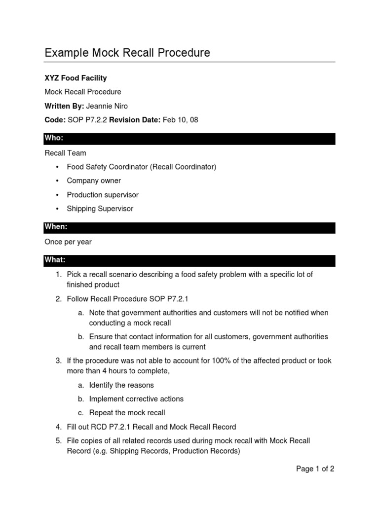 Example Mock Recall Procedure: XYZ Food Facility | PDF | Finance & Money Management | Technology ...