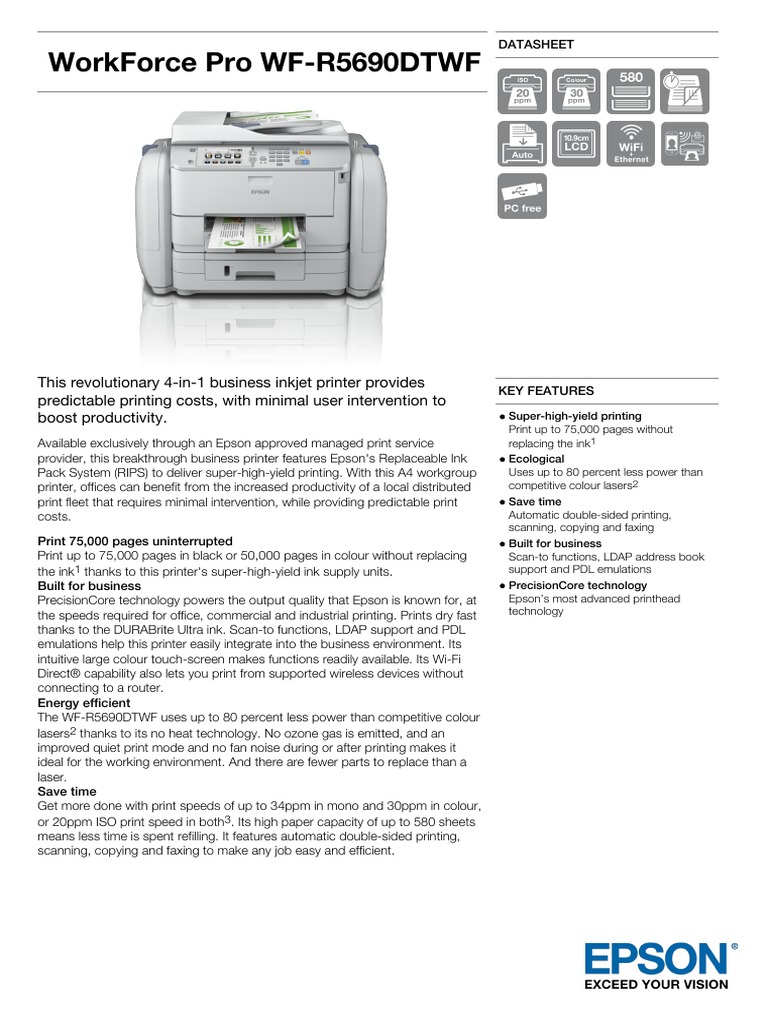 Workforce Pro WF r5690dtwf Datasheet PDF | PDF | Printer (Computing) | Image Scanner