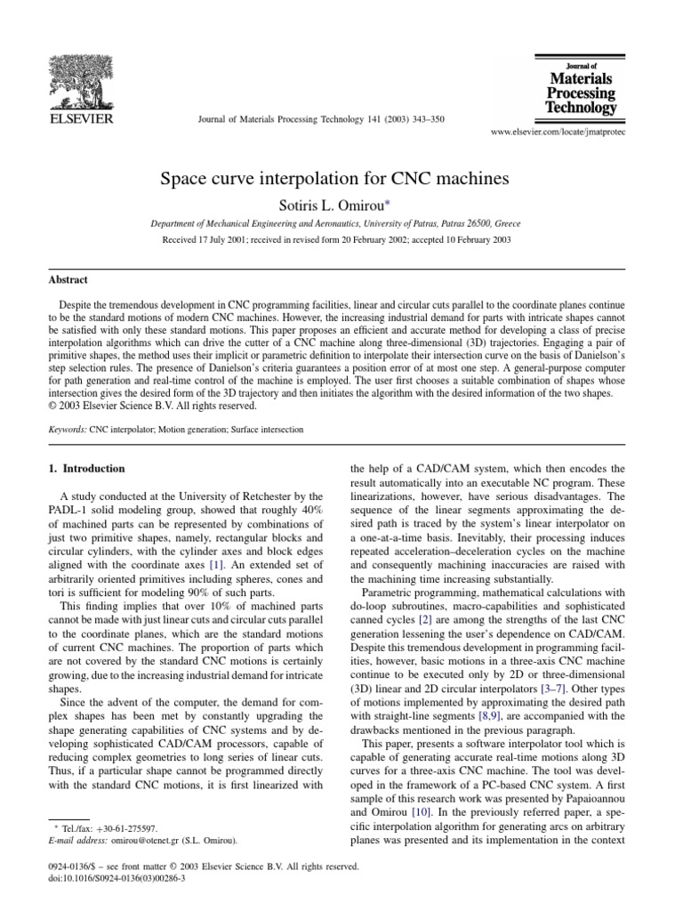 Space Curve Interpolation For CNC Machines: Sotiris L. Omirou | PDF | Numerical Control | Sphere