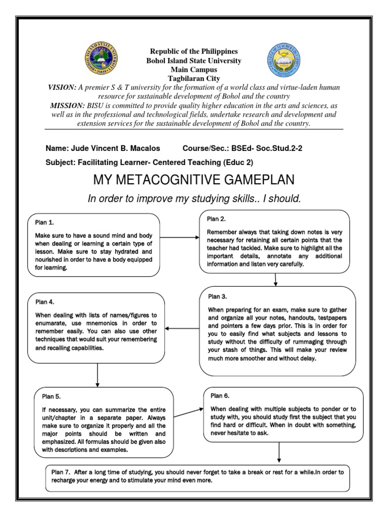 My Metacognitive Gameplan: in Order To Improve My Studying Skills.. I ...