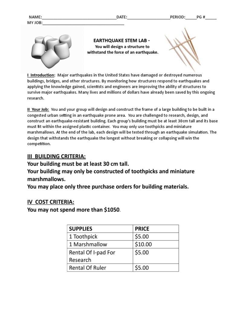 Earthquake Stem Lab - : 1 Toothpick $5.00 1 Marshmallow $10.00 Rental ...