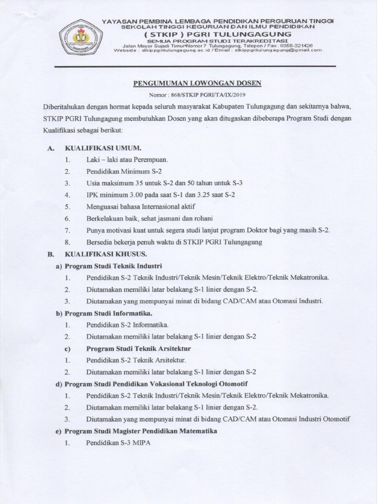 Loker Dosen Stkip Pgri Ta 2019 PDF | PDF