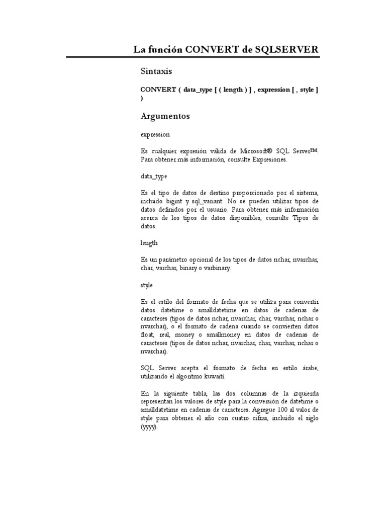 La Funcion Convert de Sqlserver | PDF | Servidor SQL de Microsoft ...