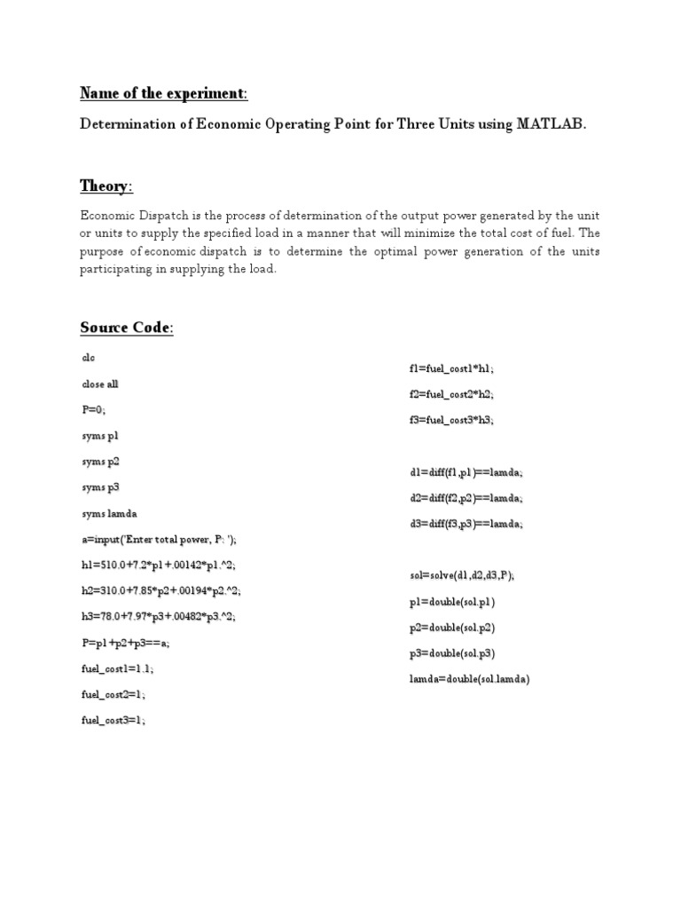 Name of The Experiment:: Determination of Economic Operating Point For Three Units Using MATLAB ...