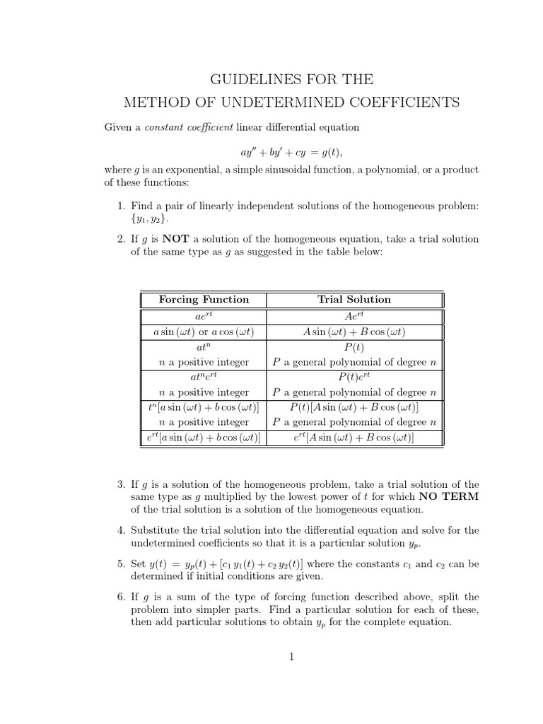Guidelines For The Method of Undetermined Coefficients | PDF ...