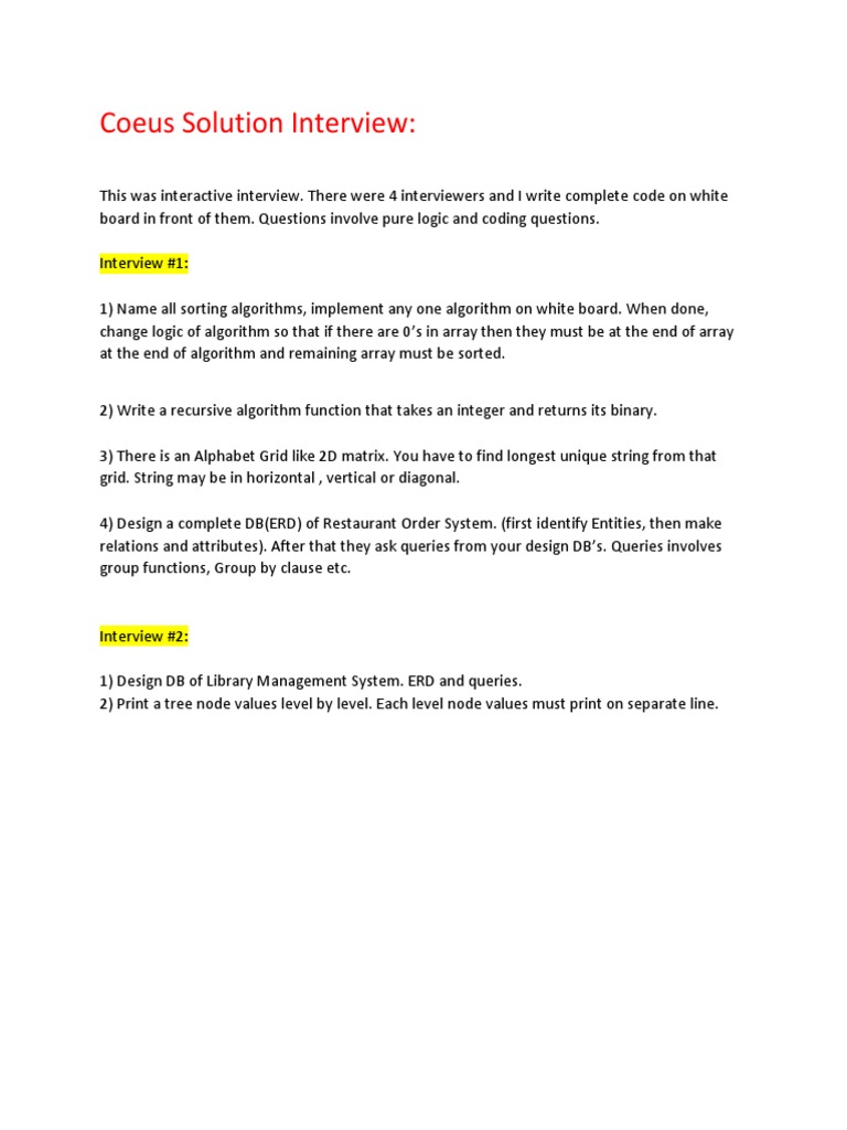 Interview Questions at Coeus Solutions | PDF