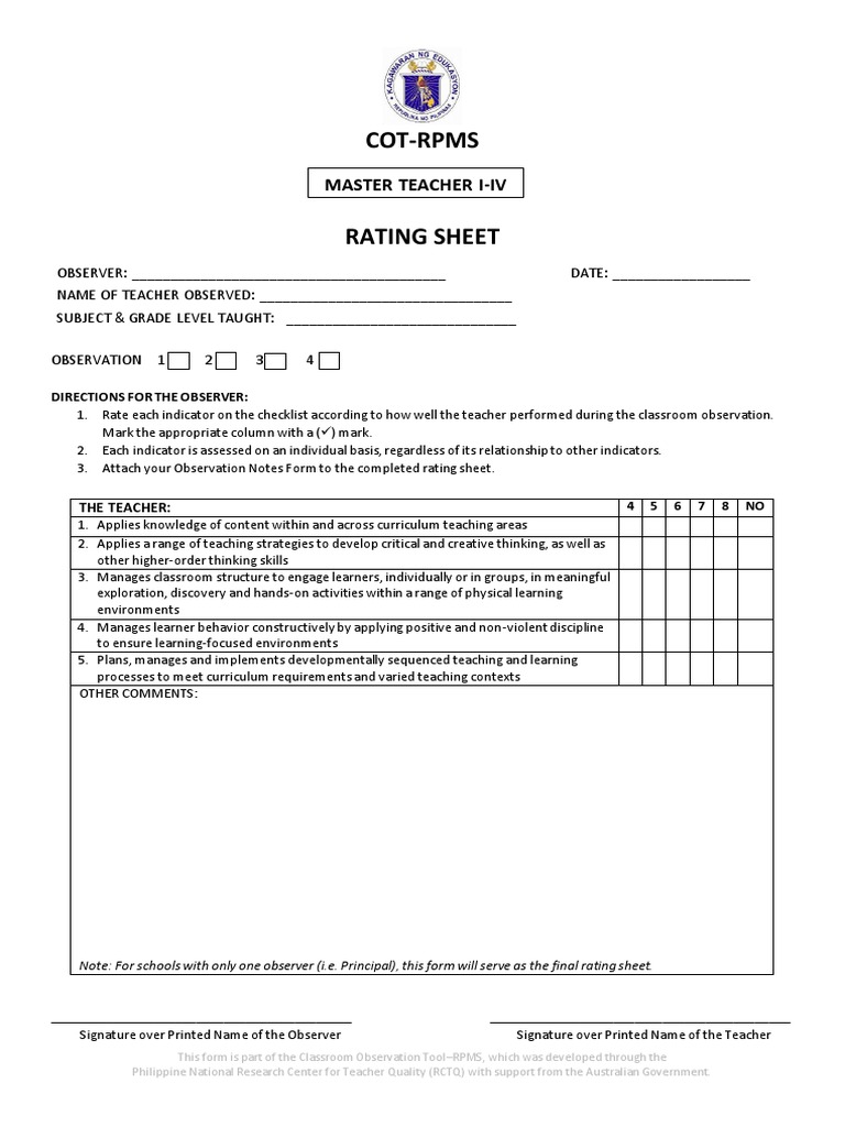 Classroom Observation Rating Sheet | PDF | Career & Growth | Business