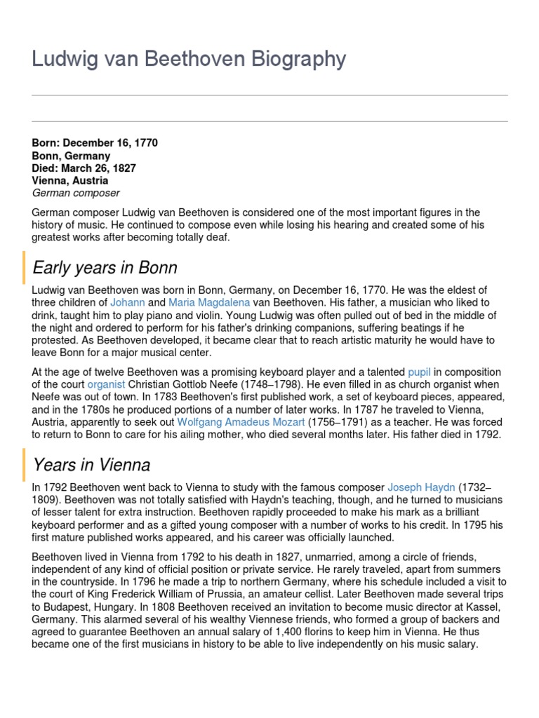 Ludwig Van Beethoven Biography | PDF | Ludwig Van Beethoven | Wolfgang ...