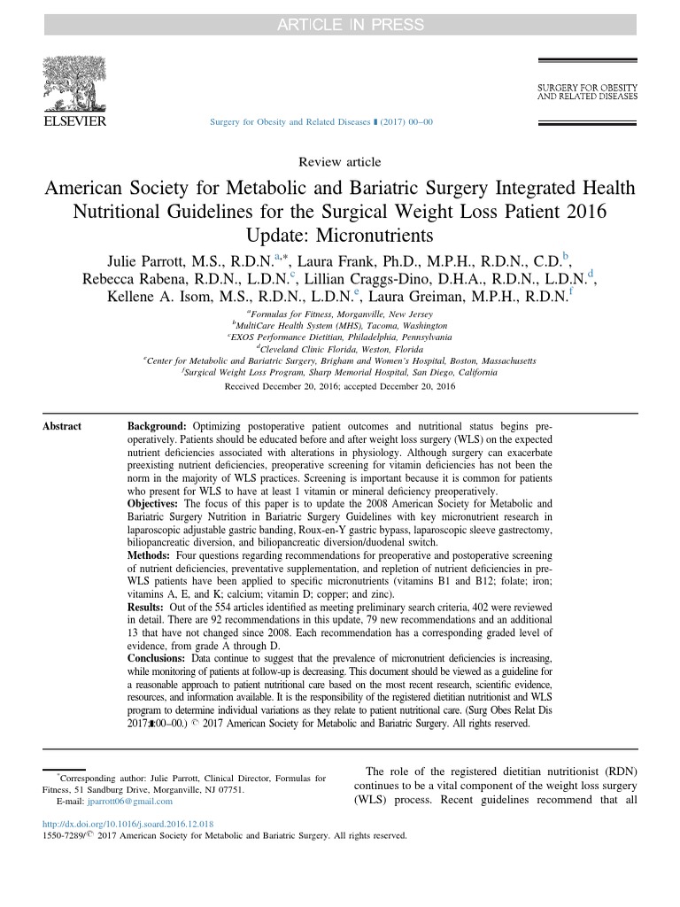 ASMBS Nutritional Guidelines 2016 Update | PDF | Bariatric Surgery ...
