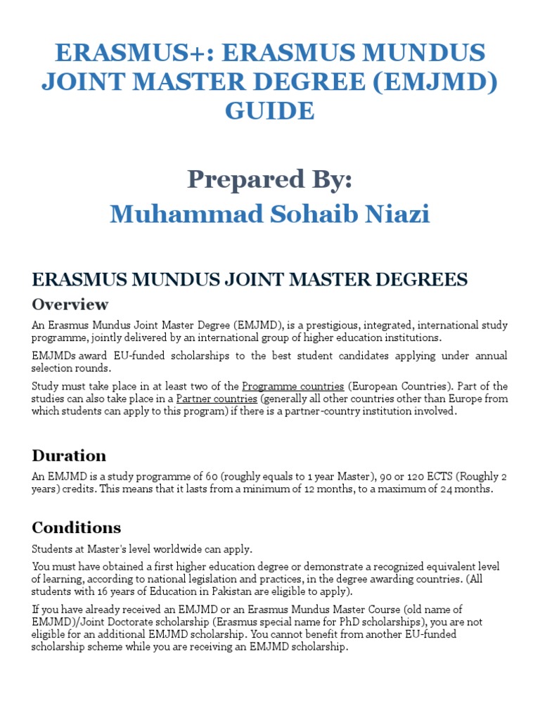 Erasmus+: Erasmus Mundus Joint Master Degree (Emjmd) Guide: Prepared by ...