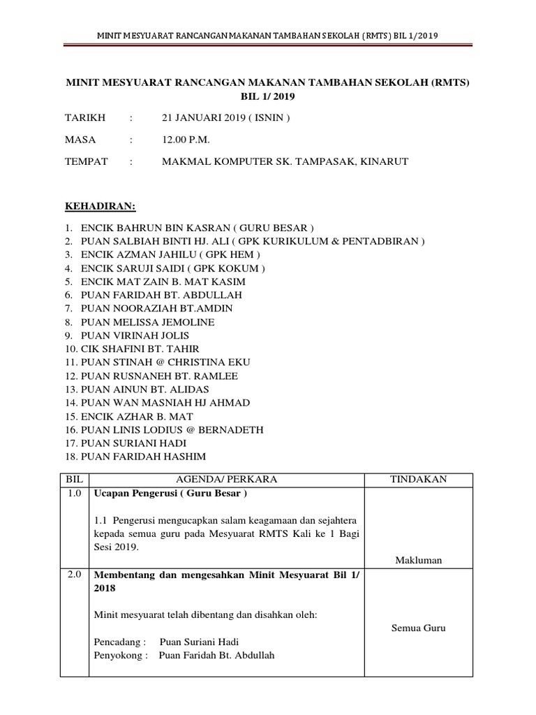 Minit Mesyuarat Rancangan Makanan Tambahan Sekolah | PDF