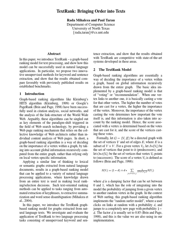 Textrank: Bringing Order Into Texts: Rada Mihalcea and Paul Tarau | PDF ...