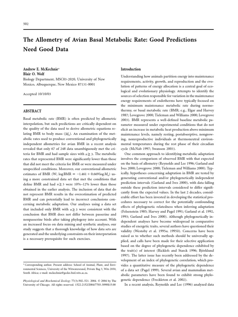 2004 PBZ McKechnie Wolf Avian BMR Scaling | PDF | Data Analysis | Biology