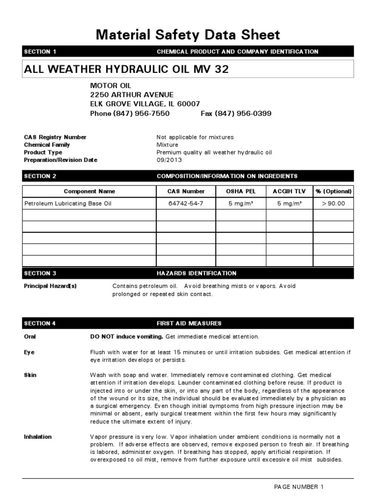 MSDS AW Hydra MV32 112613 | PDF | Firefighting | Materials