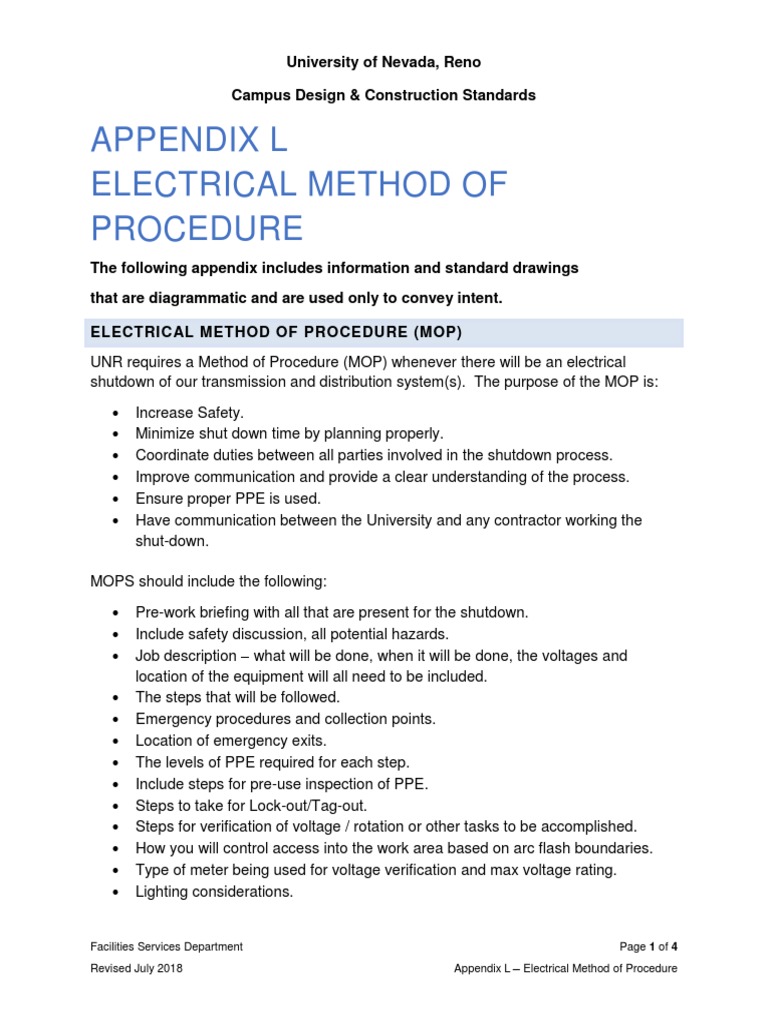 Appendix L Electrical Method of Procedure: University of Nevada, Reno ...
