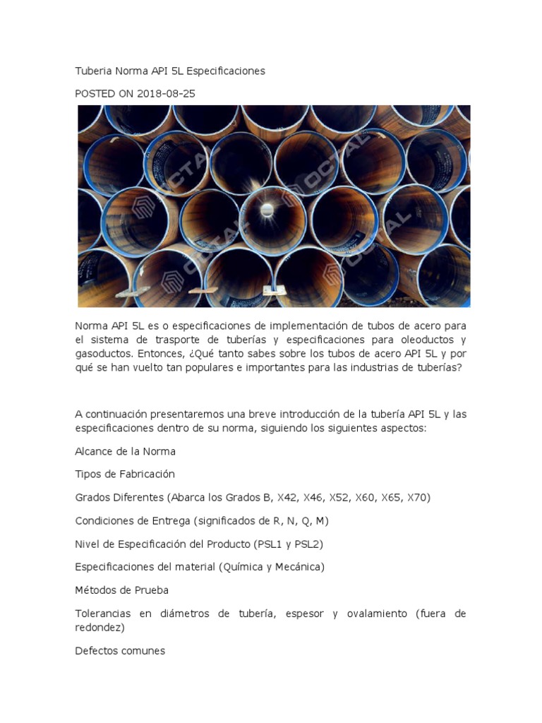 Tuberia Norma API 5L Especificaciones | Acero | Tubería (transporte de ...
