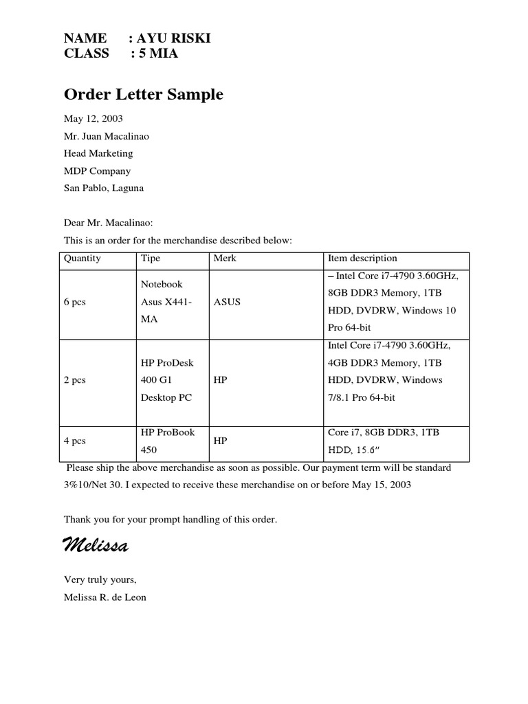 Order Letter Sample for Electronics | PDF