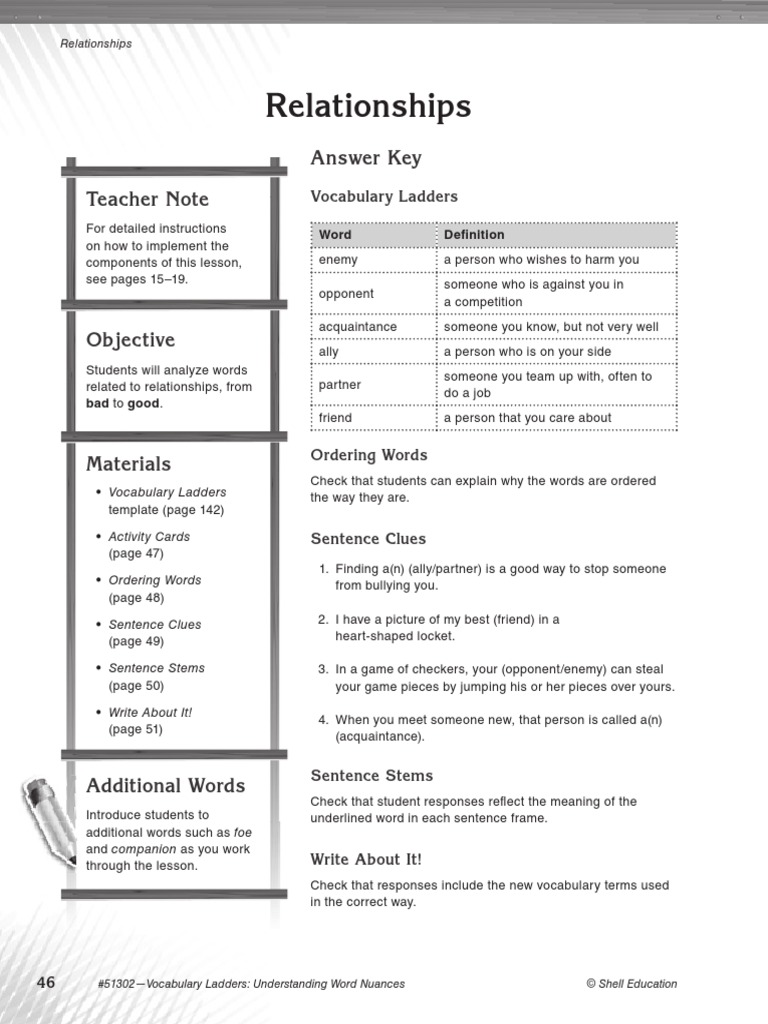 Relationships: Teacher Note Answer Key | PDF | Vocabulary | Semiotics