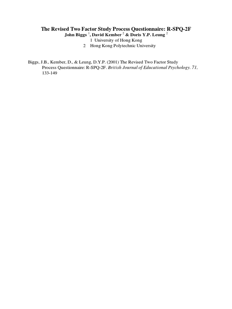 The Revised Two Factor Study Process Questionnaire: R-SPQ-2F | PDF ...