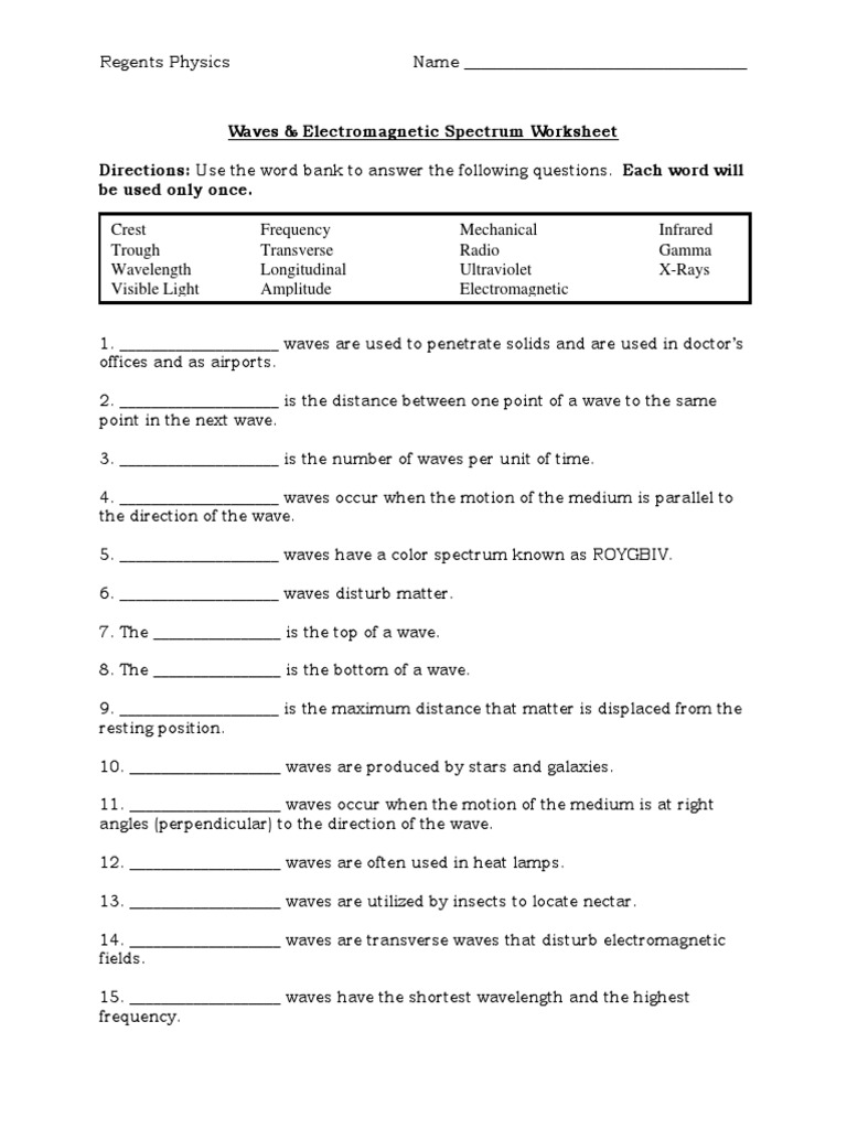 Waves & Electromagnetic Spectrum Worksheet | PDF | Waves | Light