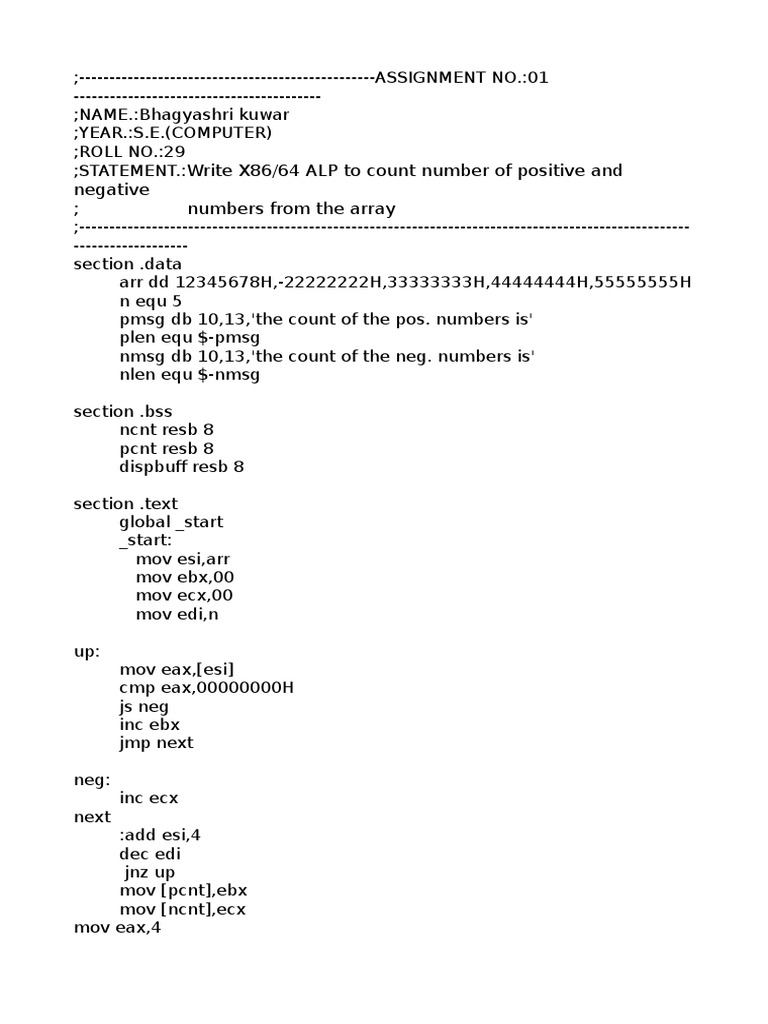 Write X86/64 ALP To Count Number of Positive and Negative Numbers From The Array | PDF