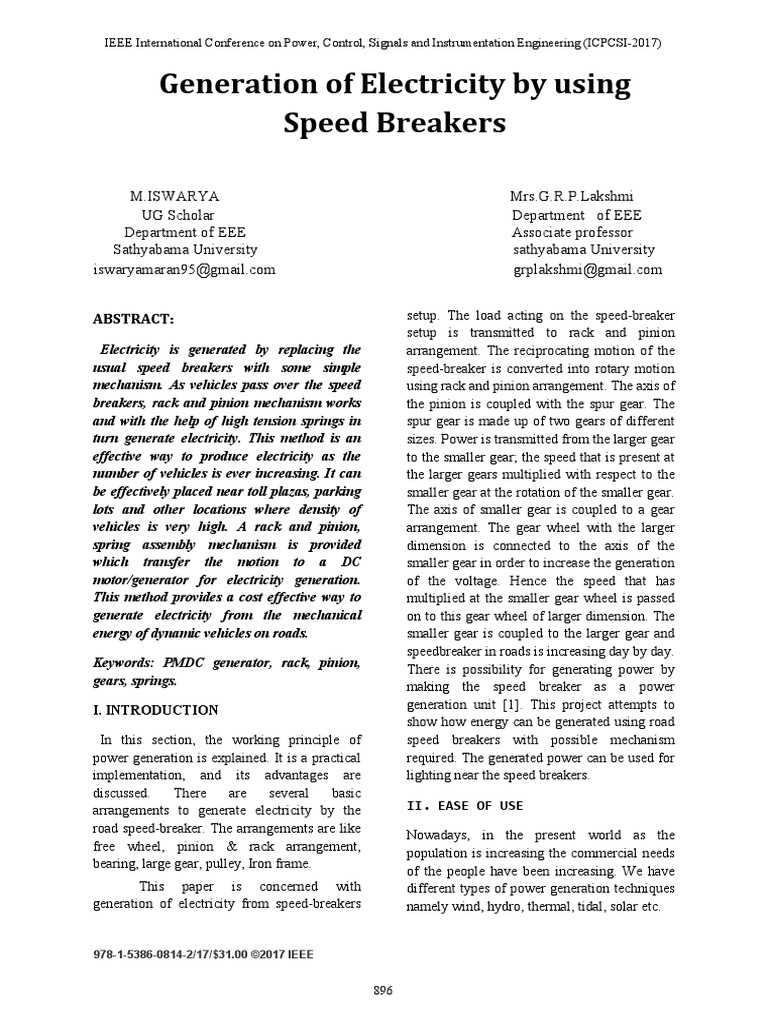 Generation of Electricity by Using Speed Breakers: Abstract | PDF ...