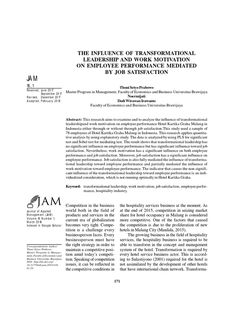 The Influence of Transformational Leadership and Work Motivation On Employee Performance ...