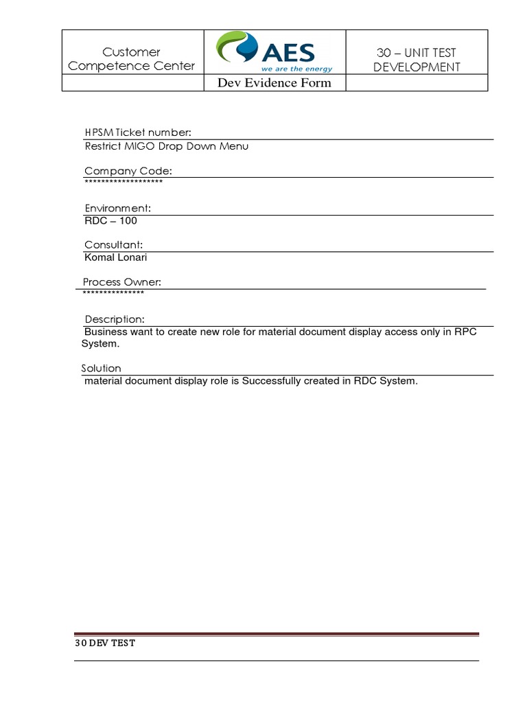Dev Evidence Form: Customer Competence Center 30 - Unit Test ...