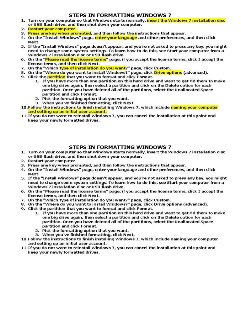 Step-by-Step Windows 7 Formatting Guide | PDF | Windows 7 | Microsoft ...