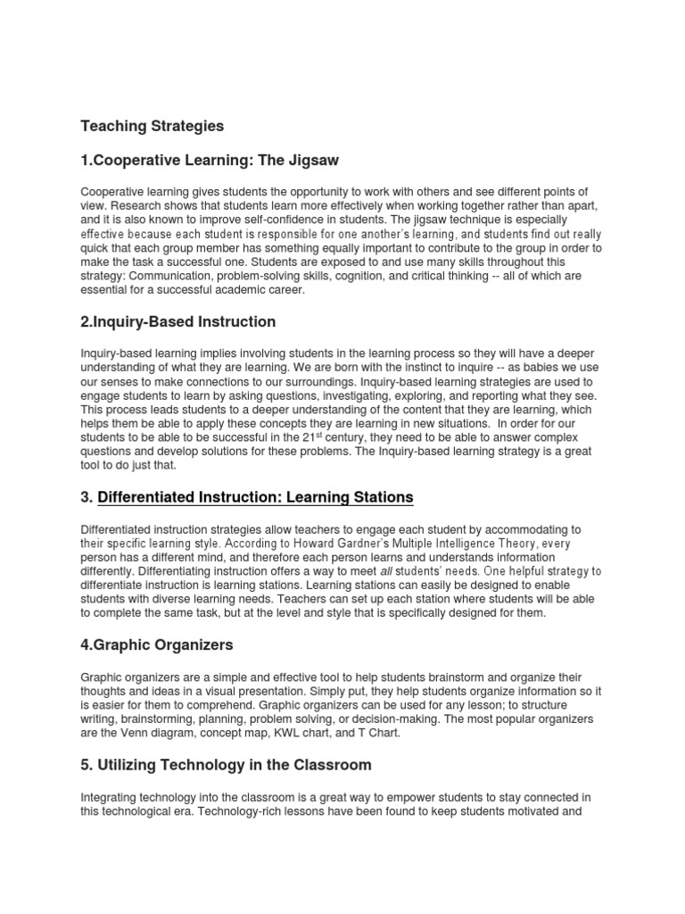 Teaching Strategies 1.cooperative Learning: The Jigsaw: Differentiated ...