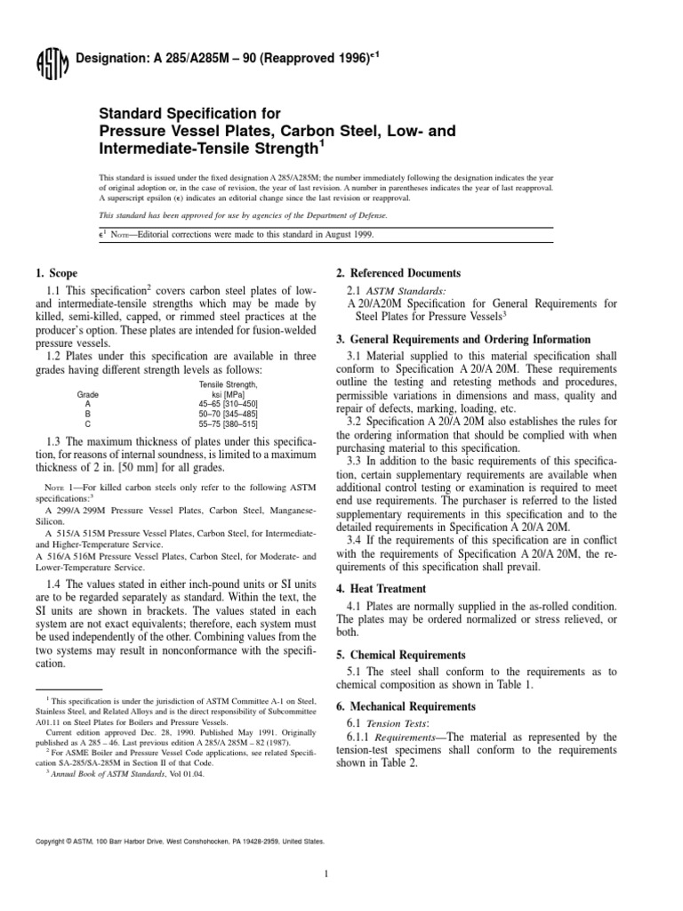 Astm A285-1996 PDF | PDF | Steel | Specification (Technical Standard)