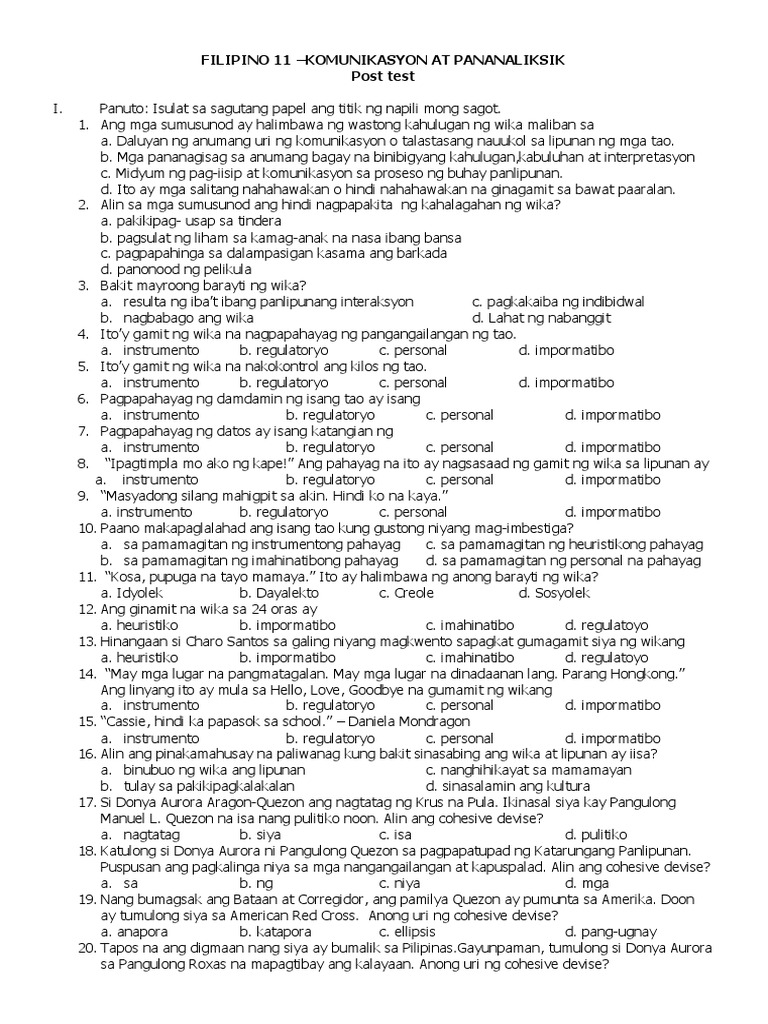 Post Test Komunikasyon at Pananaliksik | PDF